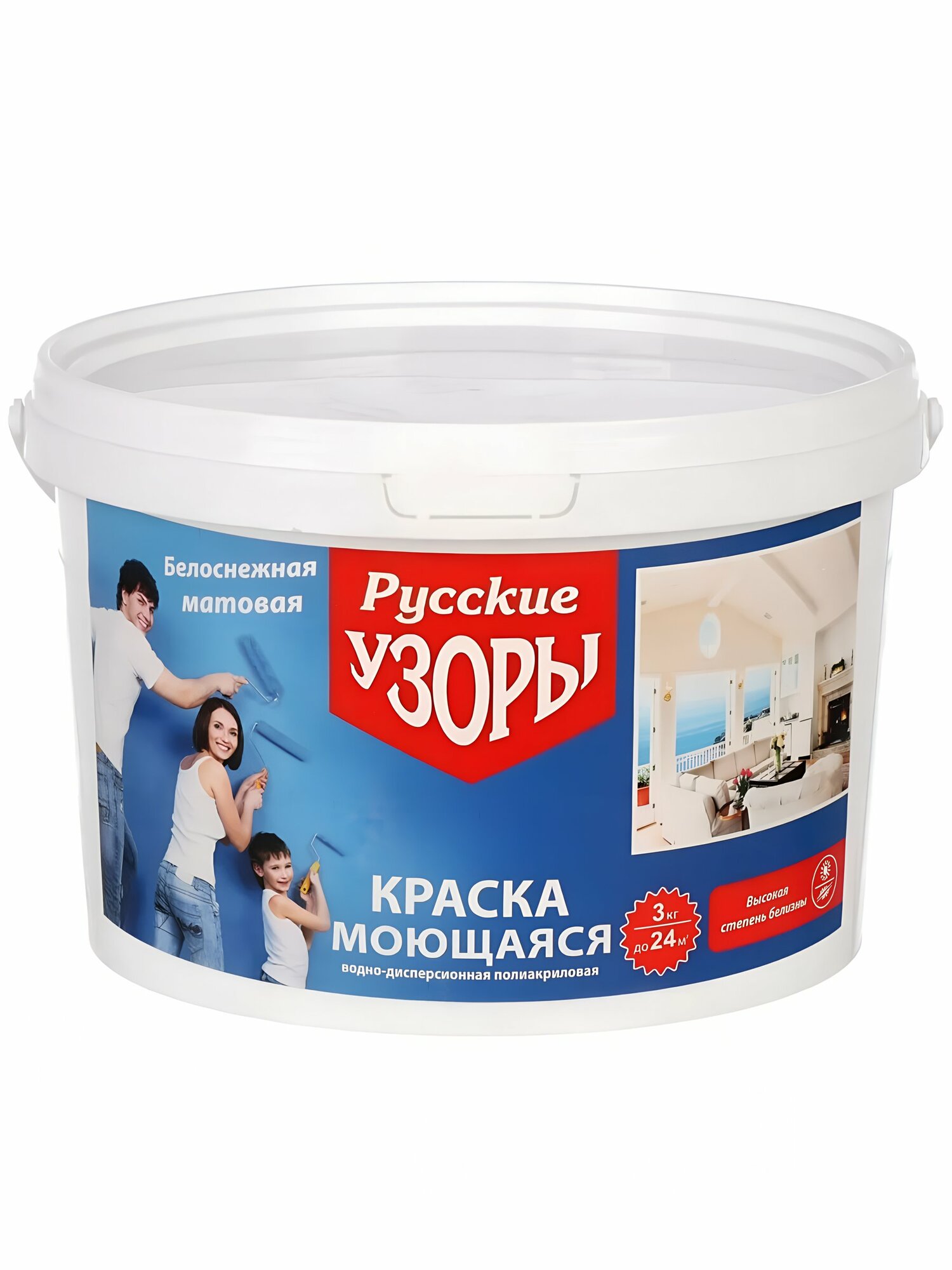 Краска воднодисперсионная, Русские узоры, полиакриловая, универсальная, моющаяся, влагостойкая, матовая, 3 кг