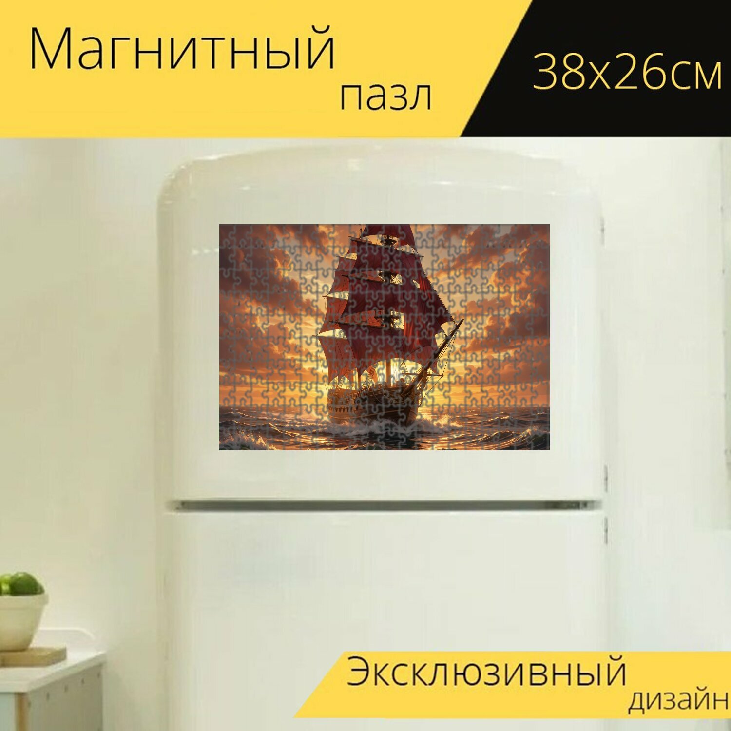 Магнитный пазл "Парусный корабль на закате. Морское путешествие на фоне драматичного неба: старинный фрегат с алыми парусами, золотой закат, волны и тёплое." для интерьера, 38х26 см.