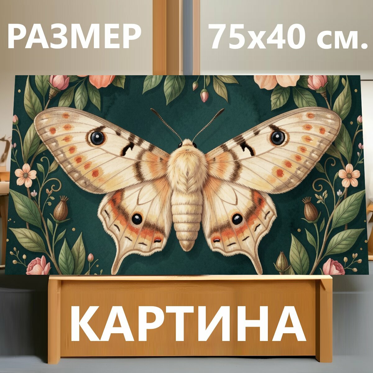 Картина на холсте "Бабочка в цветочном венке. Нежная декоративная композиция с крупной ночной бабочкой, обрамлённой розовыми и персиковыми." на подрамнике 75х40 см. для интерьера