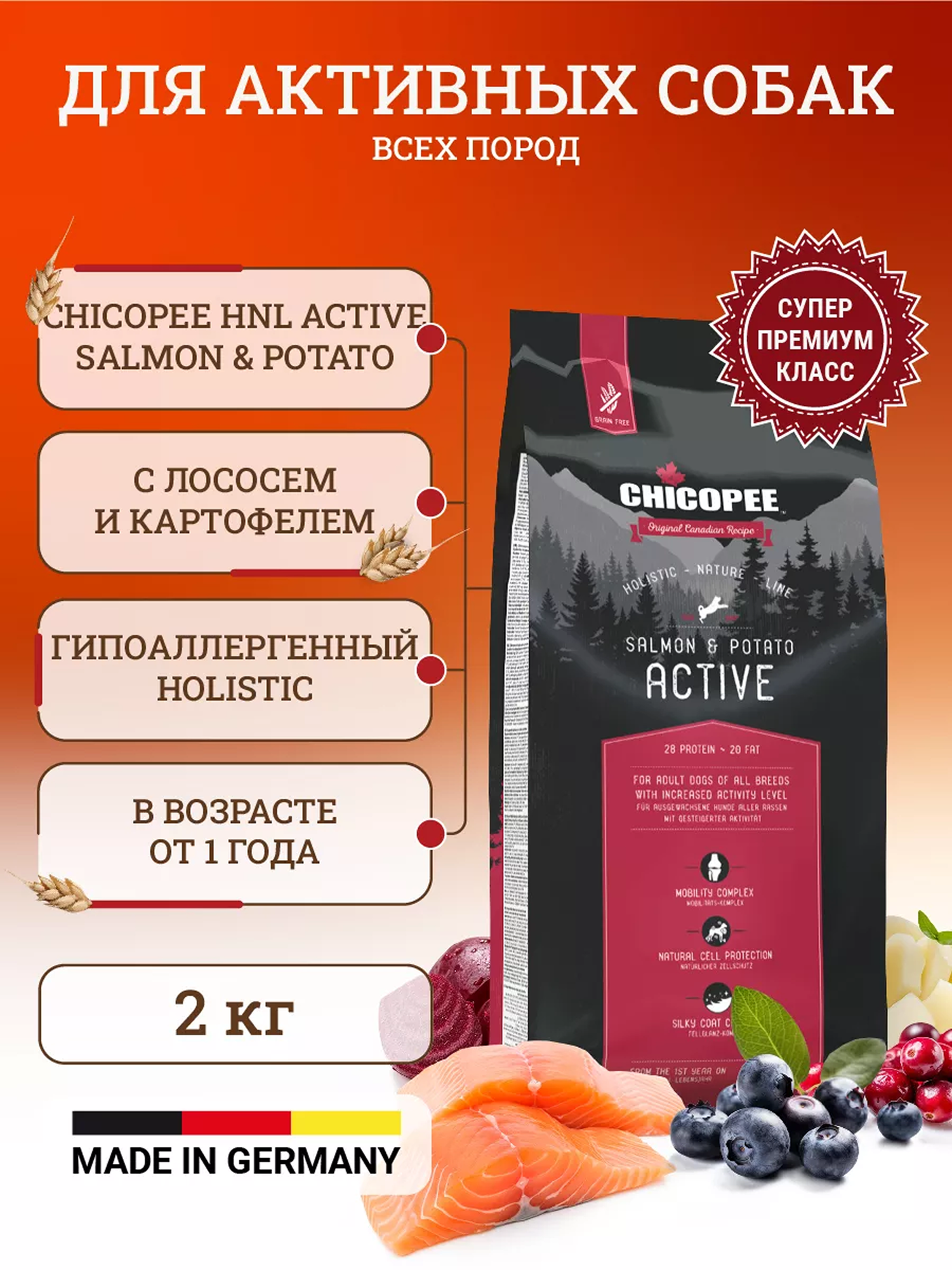 Сухой корм для активных собак всех пород Chicopee HNL Active Salmon & Potato с мясом лосося и картофелем 2 кг