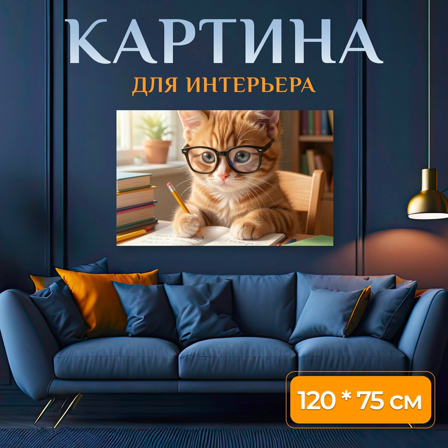 Картина на холсте "Котенок в очках делает уроки" на подрамнике 120х75 см. для интерьера
