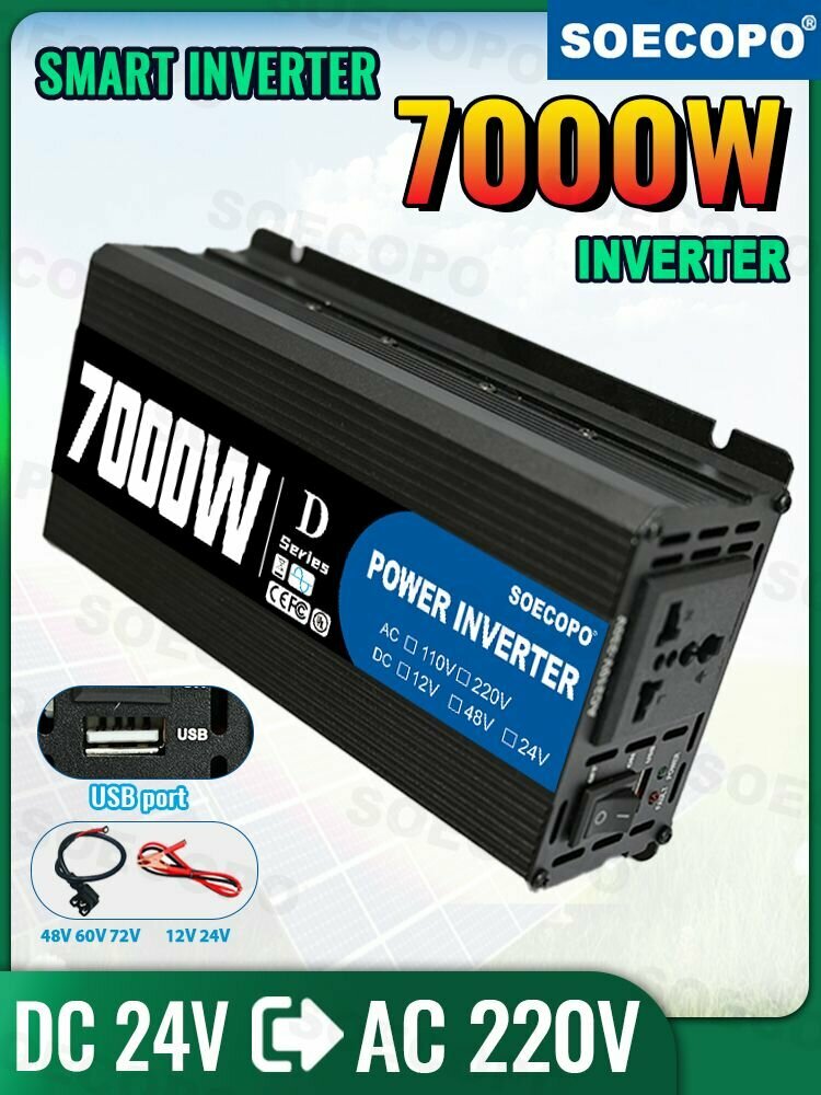 7000W Smart Inverter 24V to 220V, With USB Port, Portable Power Converter for Car Camping Emergency Use, CE FC Certified