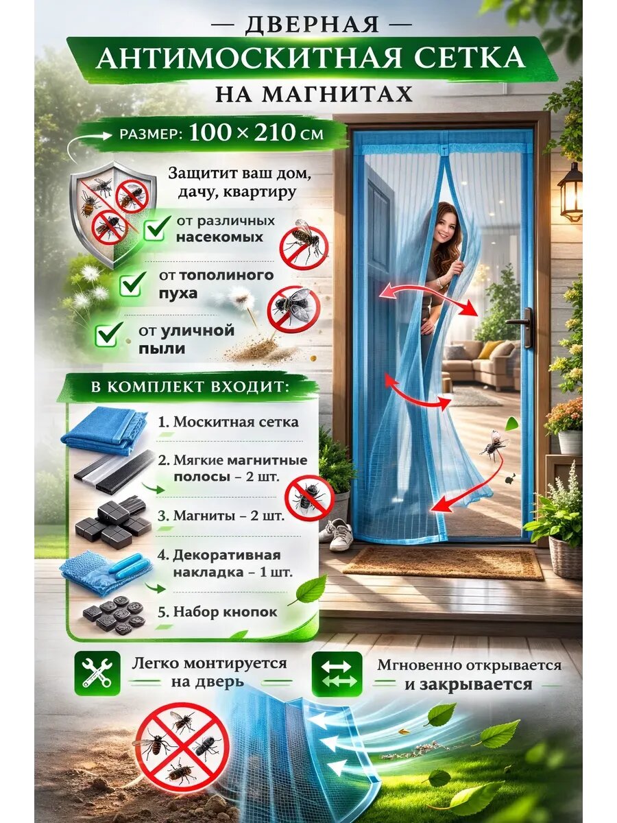 Антимоскитная сетка магнитная на дверь 100*210см