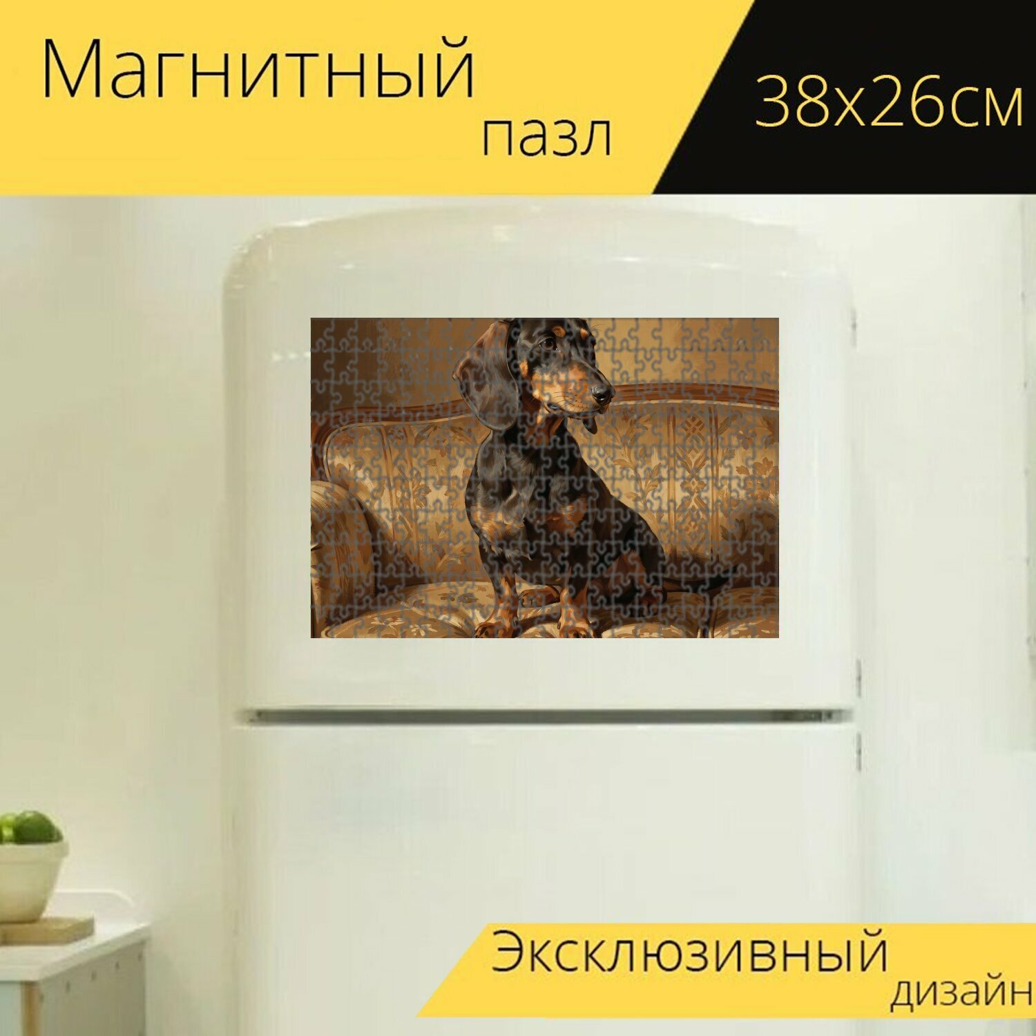 Магнитный пазл "Такса на винтажном диване. Игривый пёс с длинными ушами сидит на узорчатой мягкой мебели в тёплой коричнево-бежевой гамме. Живописный." для интерьера, 38х26 см.