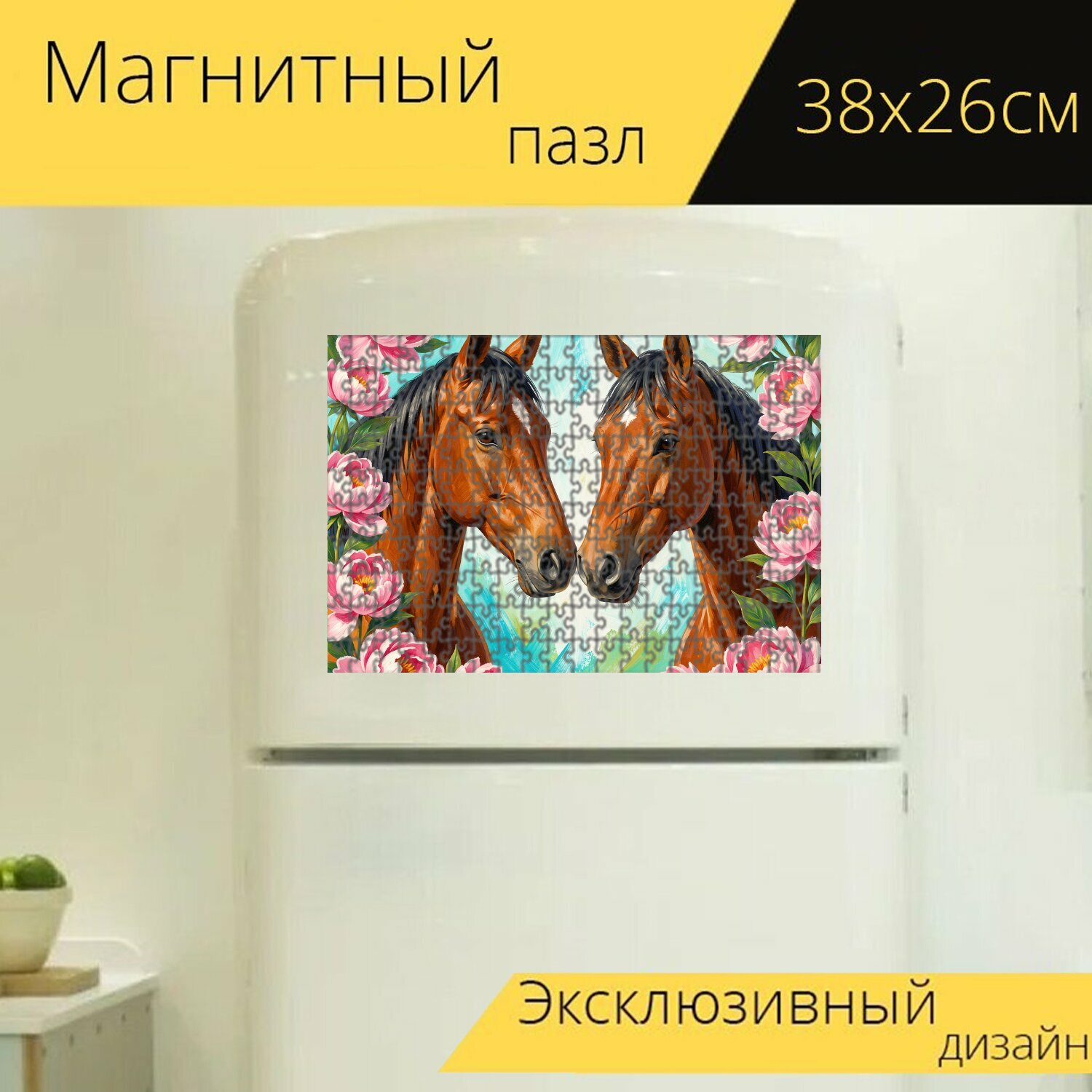 Магнитный пазл "Две лошади среди пионов. Парные лошадиные морды в окружении крупных розовых цветов и зеленой листвы, яркая живописная манера, бирюзовый фон." для интерьера, 38х26 см.