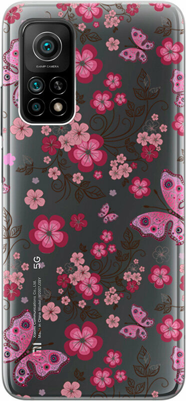 Ультратонкий силиконовый чехол-накладка ClearView 3D для Xiaomi Mi 10T с принтом "Butterflies and Flowers"