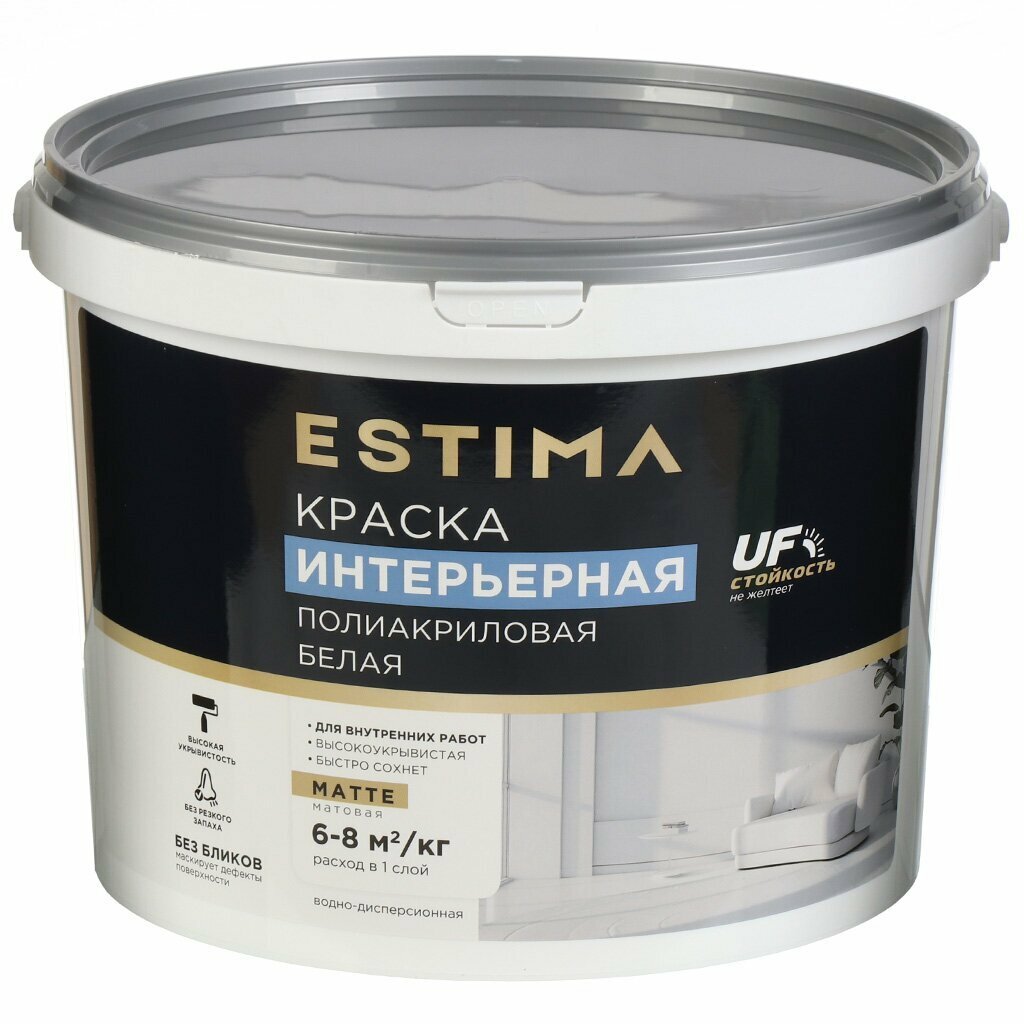 Краска водно-дисперсионная Estima полиакриловая интерьерная матовая белая 13 кг для стен и потолка для внутренних работ