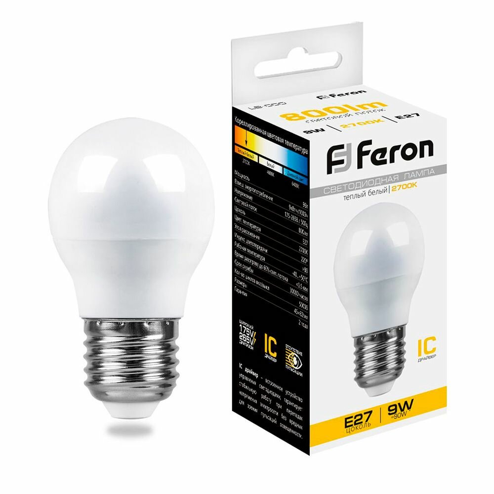 Лампа светодиодная E27 9 Вт G45 шар теплый белый свет 2700K Feron LB-550 25804