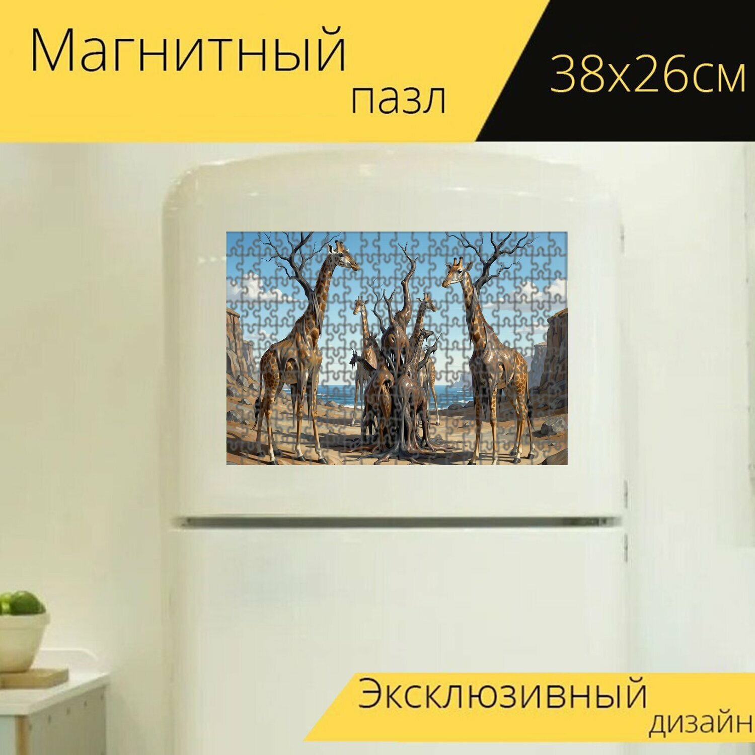 Магнитный пазл "Жирафы у сюрреалистичного дерева. Фантазийная саванна у морского берега: стадо длинношеих животных среди скал и сухих ветвей, цифровая." для интерьера, 38х26 см.