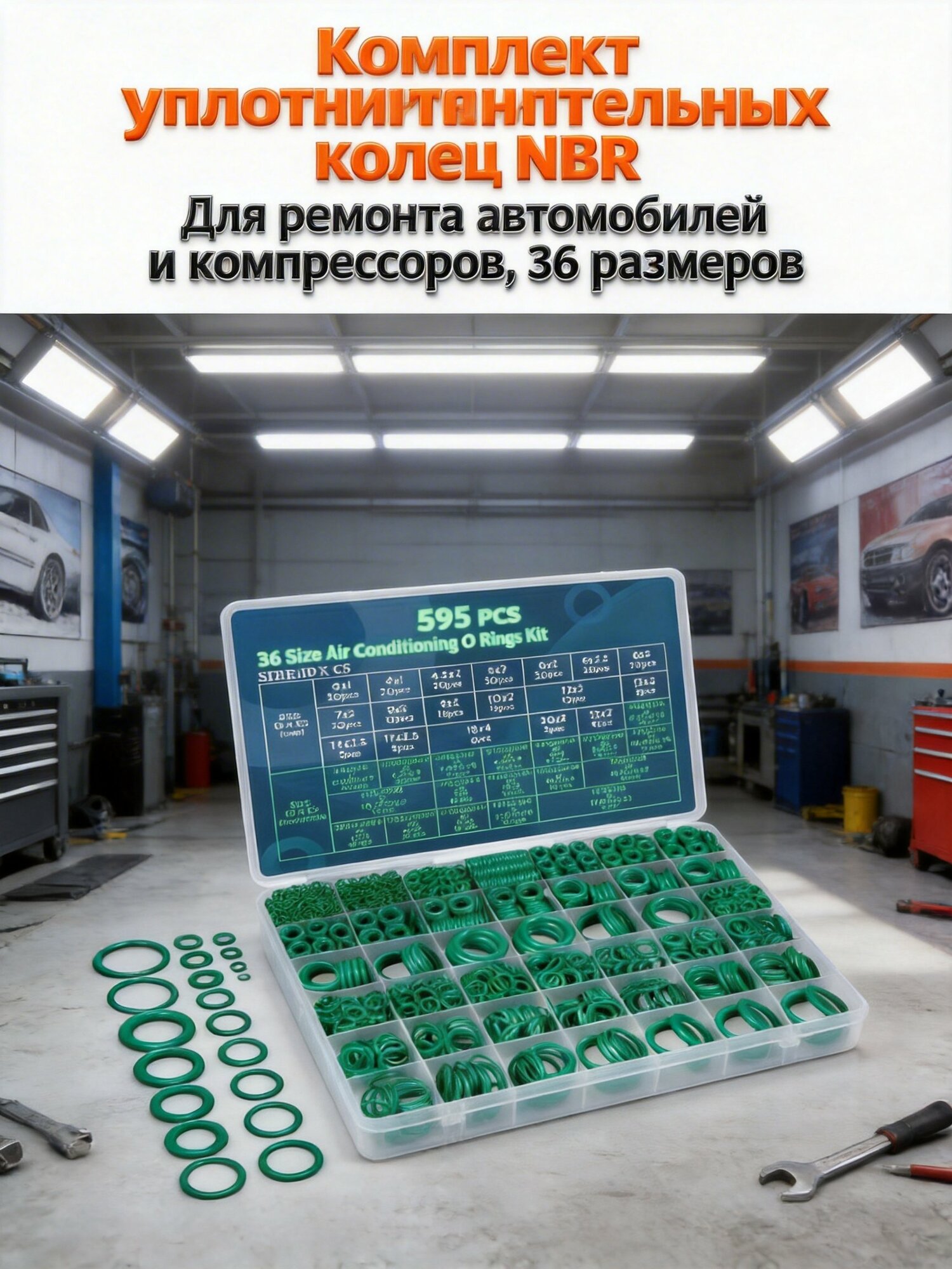Набор 595 уплотнительных колец NBR, 36 размеров — резиновые уплотнения для ремонта автомобильных кондиционеров и компрессоров в прочном пластиковом контейнере