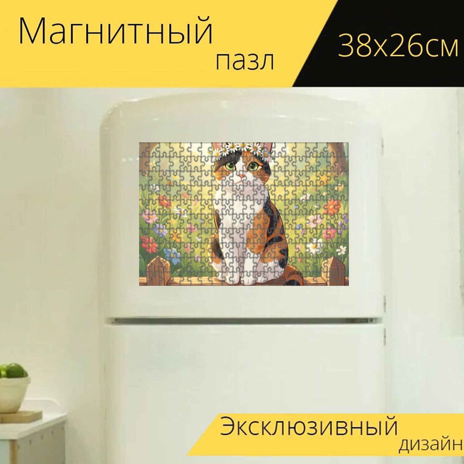 Магнитный пазл "Трехцветная кошка в венке. Милая домашняя любимица с ромашками на голове сидит на деревянном заборе среди цветущего луга. Нежная цифровая." для интерьера, 38х26 см.