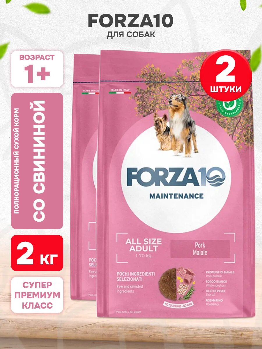 Корм сухой Forza10 Dog Maintenance Adult All Size для взрослых собак всех пород со свининой, 2 кг х 2 шт