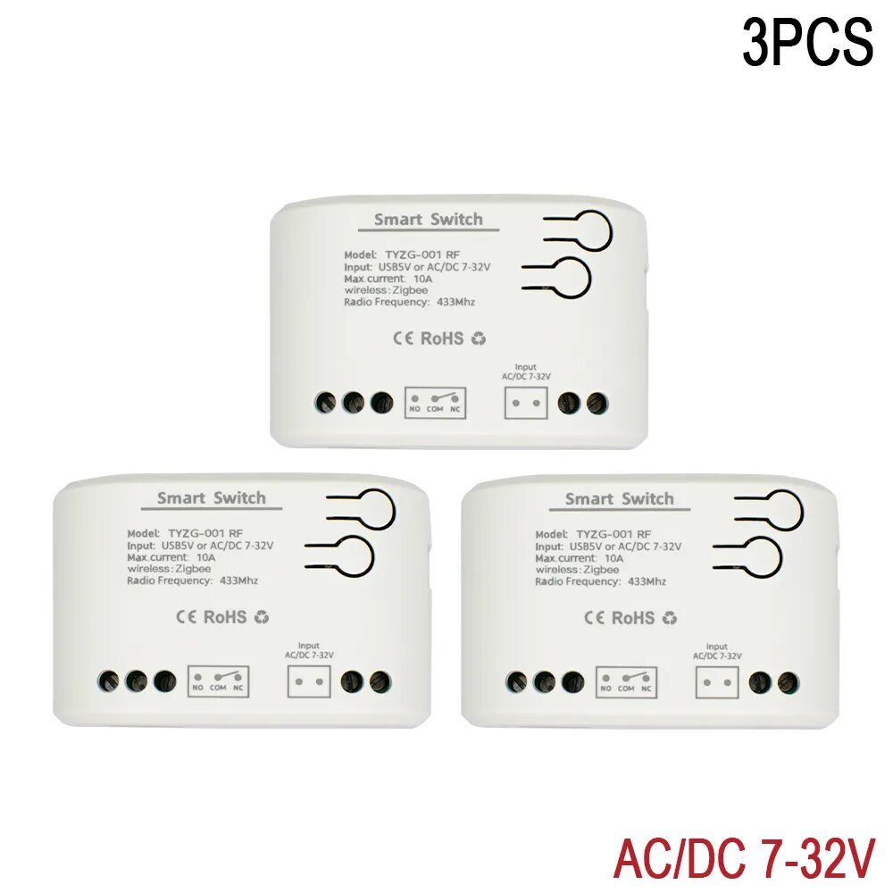 3 шт. Умное реле с Алисой на 1 канал 7-32B 12B 24B, (Tuya Zigbee + RF 433 МГц)