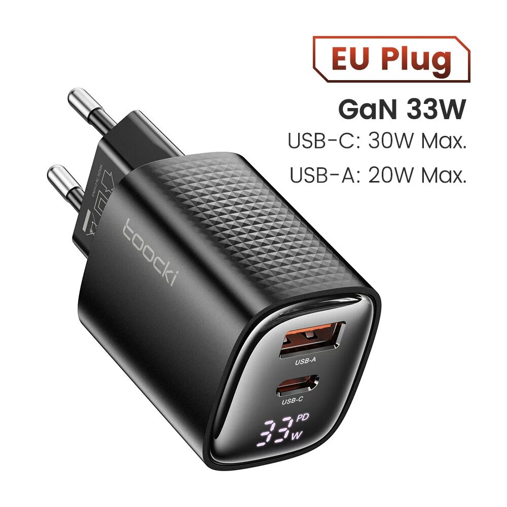 Зарядное устройство Toocki 33W GaN USB-C с быстрой зарядкой, на основе нитрида галлия, с цифровым дисплеем, для