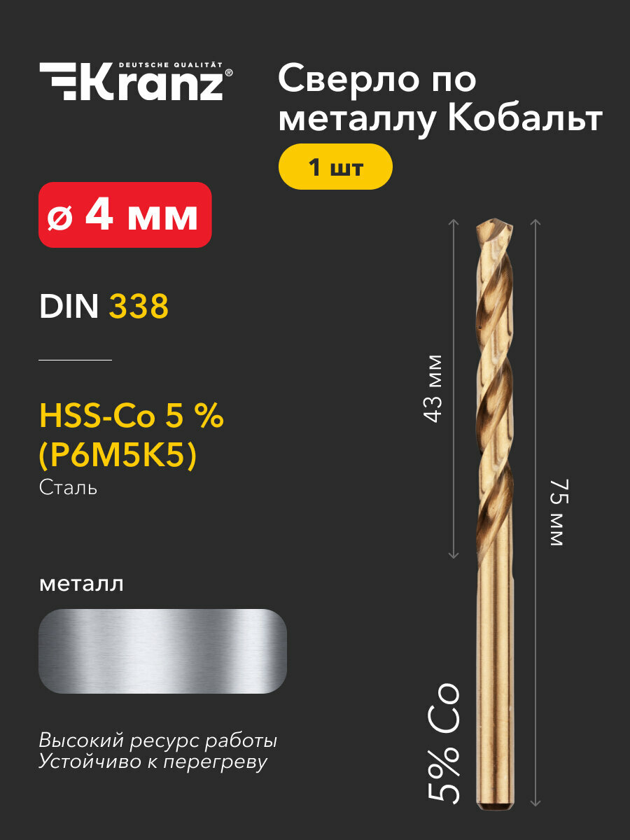 Сверло по металлу KRANZ 4 мм, с добавлением кобальта повышенной прочности, стандарт качества DIN 338