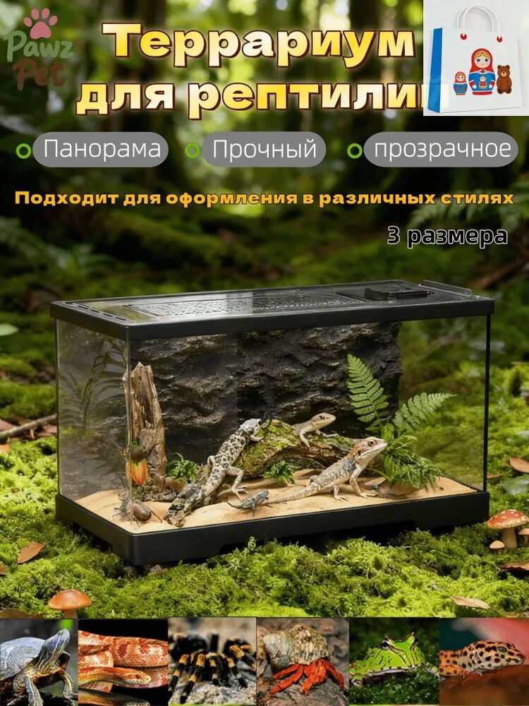 Террариум с крышкой для рептилий и амфибий: ящериц, змей, черепах, улиток, пауков. Прозрачный акриловый контейнер