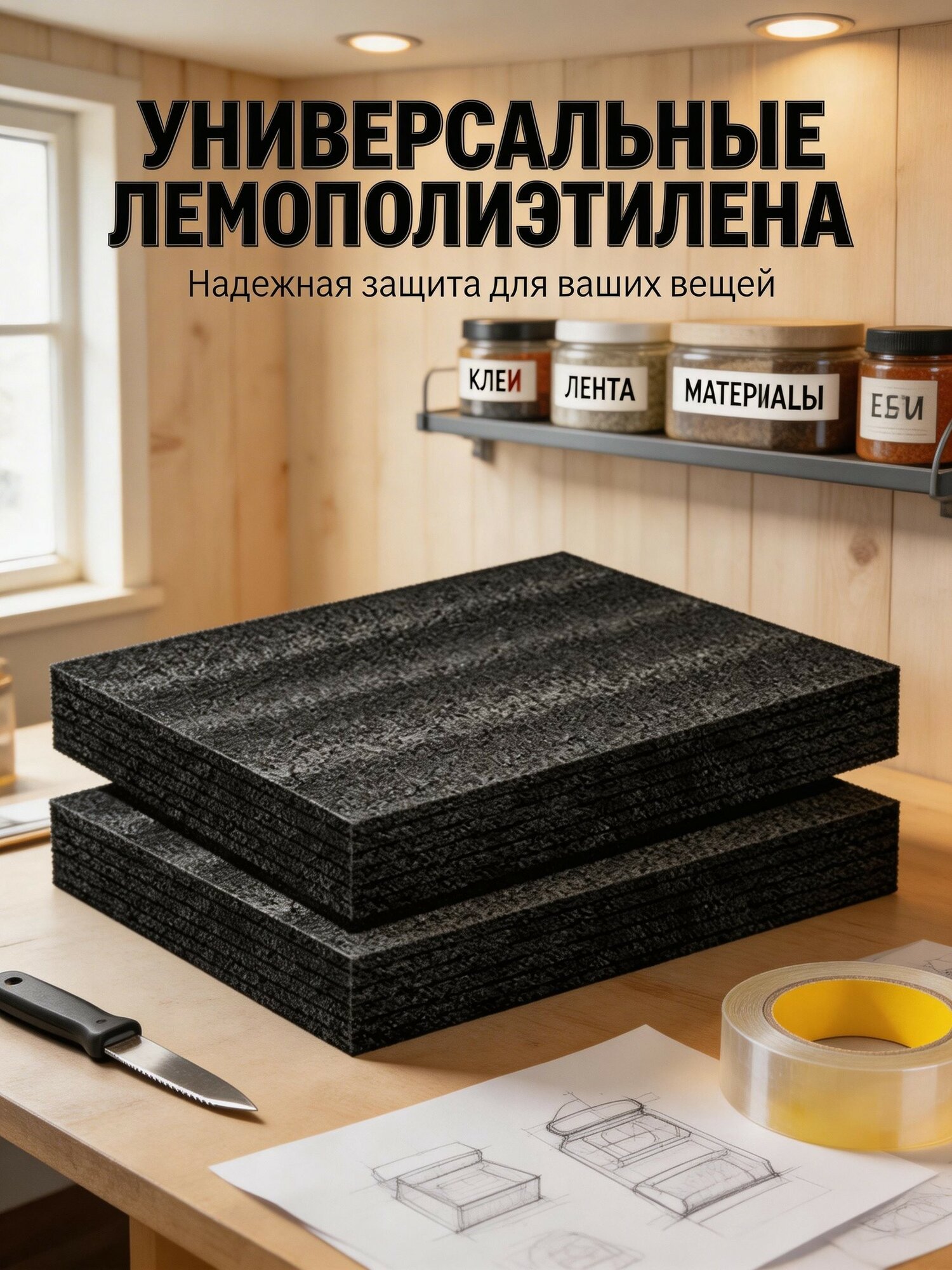 Лист вспененного полиэтилена 40 x 30 x 5 см, черный для упаковки и вкладышей — можно резать, комплект 2 шт