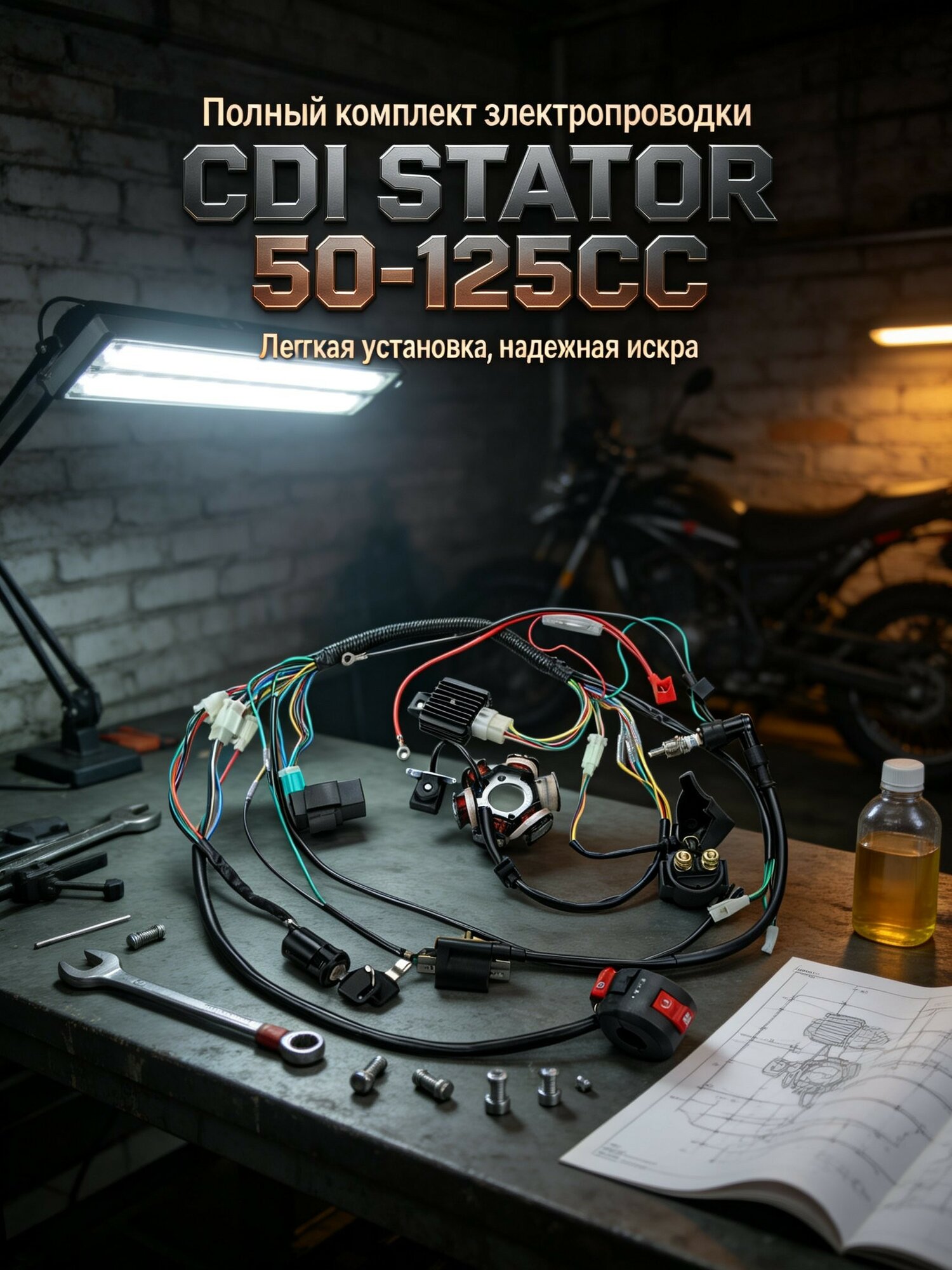 Полный комплект электропроводки CDI статор 6 катушек для квадроциклов 50-125 см3, комплект жгута для установки электростартера