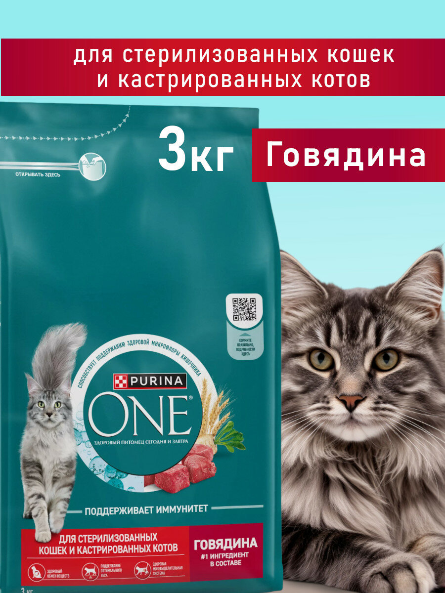 Сухой корм Purina ONE® для стерилизованных кошек и кастрированных котов с говядиной 3 кг