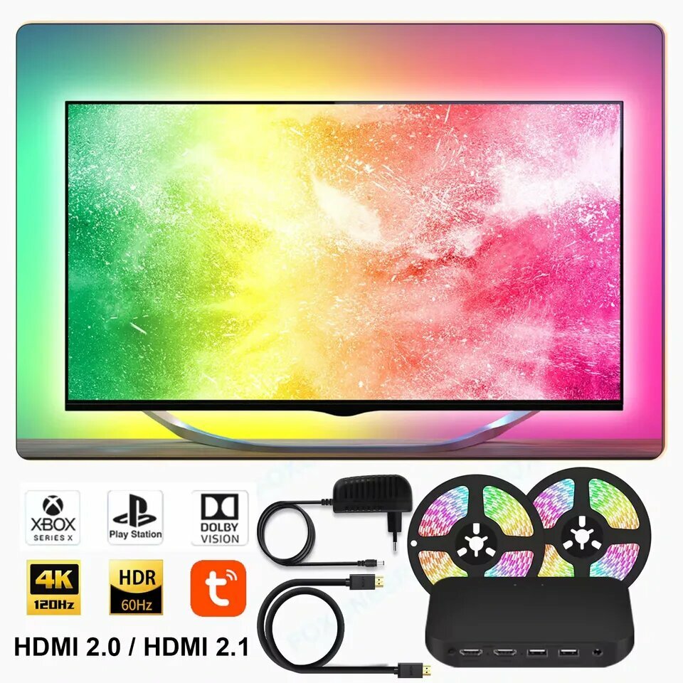 Умная'ambient' светодиодная подсветка для телевизора для устройства 4K HDMI 2.1 Синхронный бокс Набор светодиодных лент с поддержкой Wifi Управление голосом Alexa и Google Assistant