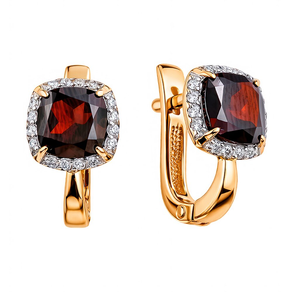 Серьги, красное золото, 585 проба, родирование, гранат, фианит