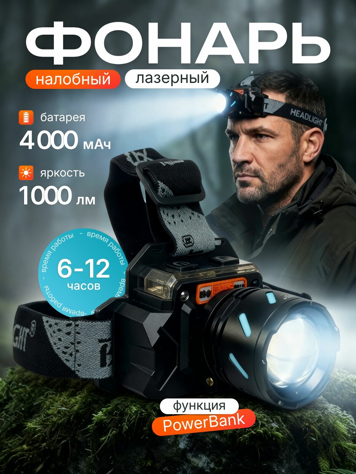 Фонарь налобный лазерный с датчиком движения