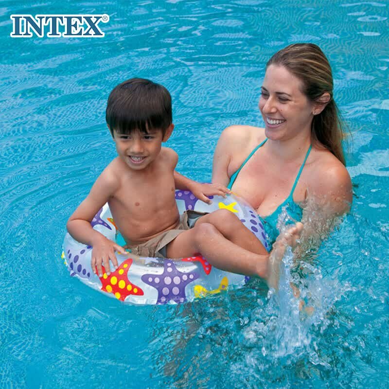 INTEX детский надувной круг для плавания 6-10 лет случайный рисунок 61 см диаметр с ножным насосом Цвет：Возраст 6-10