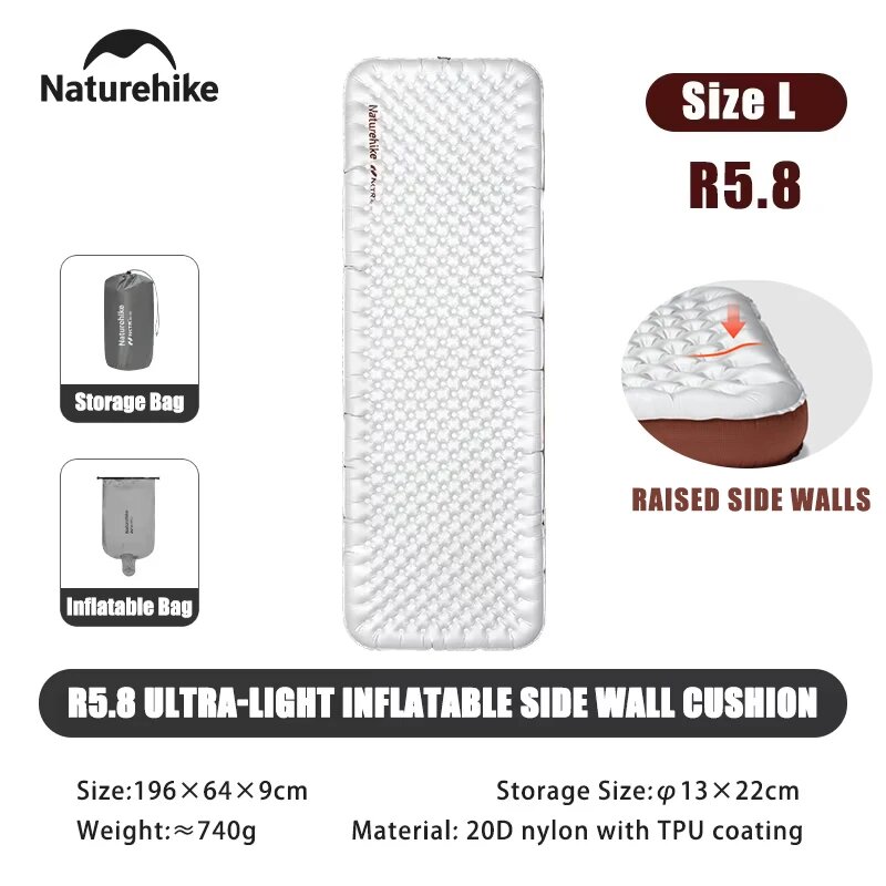 Naturehike Надувная матрас 3.2/5.8/8.8 R Value Для откры-air Ультралегкий Матрас для сна Кемпинг Портативный Палаточный Односпальный Водонепроницаемый Коврик-R5.8 Боковая Стена-L