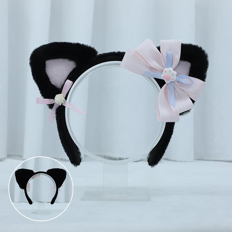 Повязка на голову с ушками Cream Cat Black, розовый бант