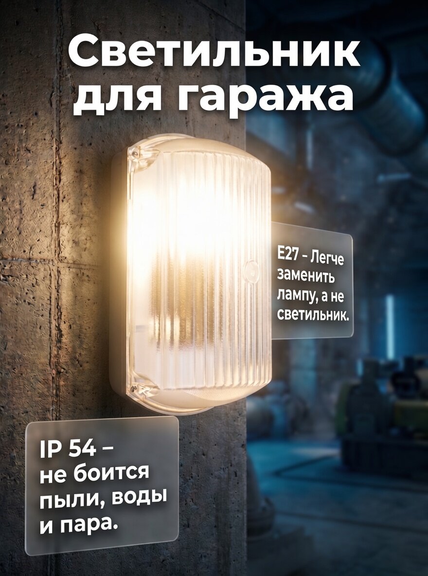 Светильник настенно-потолочный для гаража, мастерской 75 Вт, E27, IP 54, керамический патрон, термостойкий 90 град, 220 В