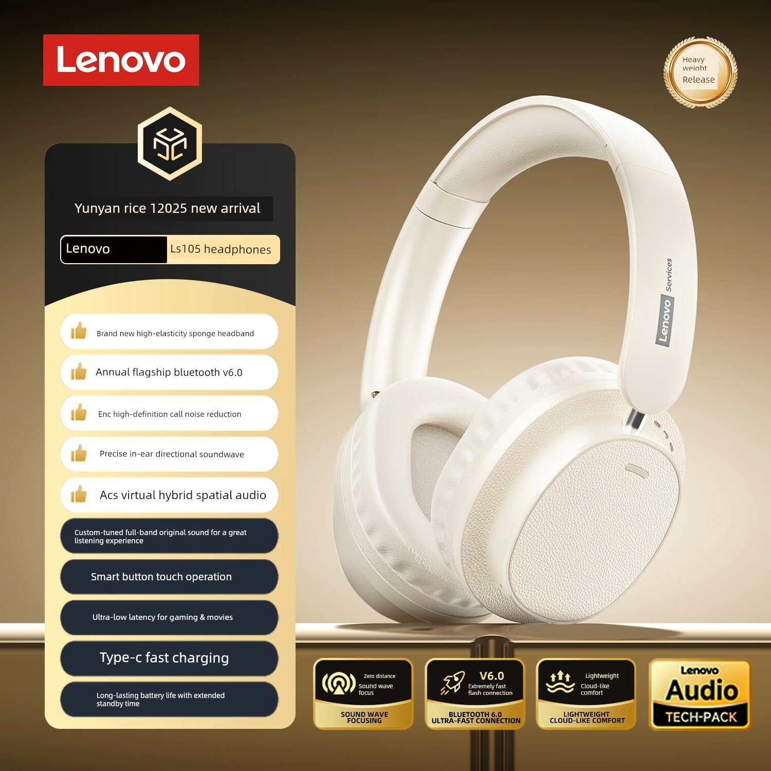 Наушники-гарнитура Lenovo LS105, полноразмерные, Bluetooth, беспроводные, новая модель 2026 года, высококачественные, с