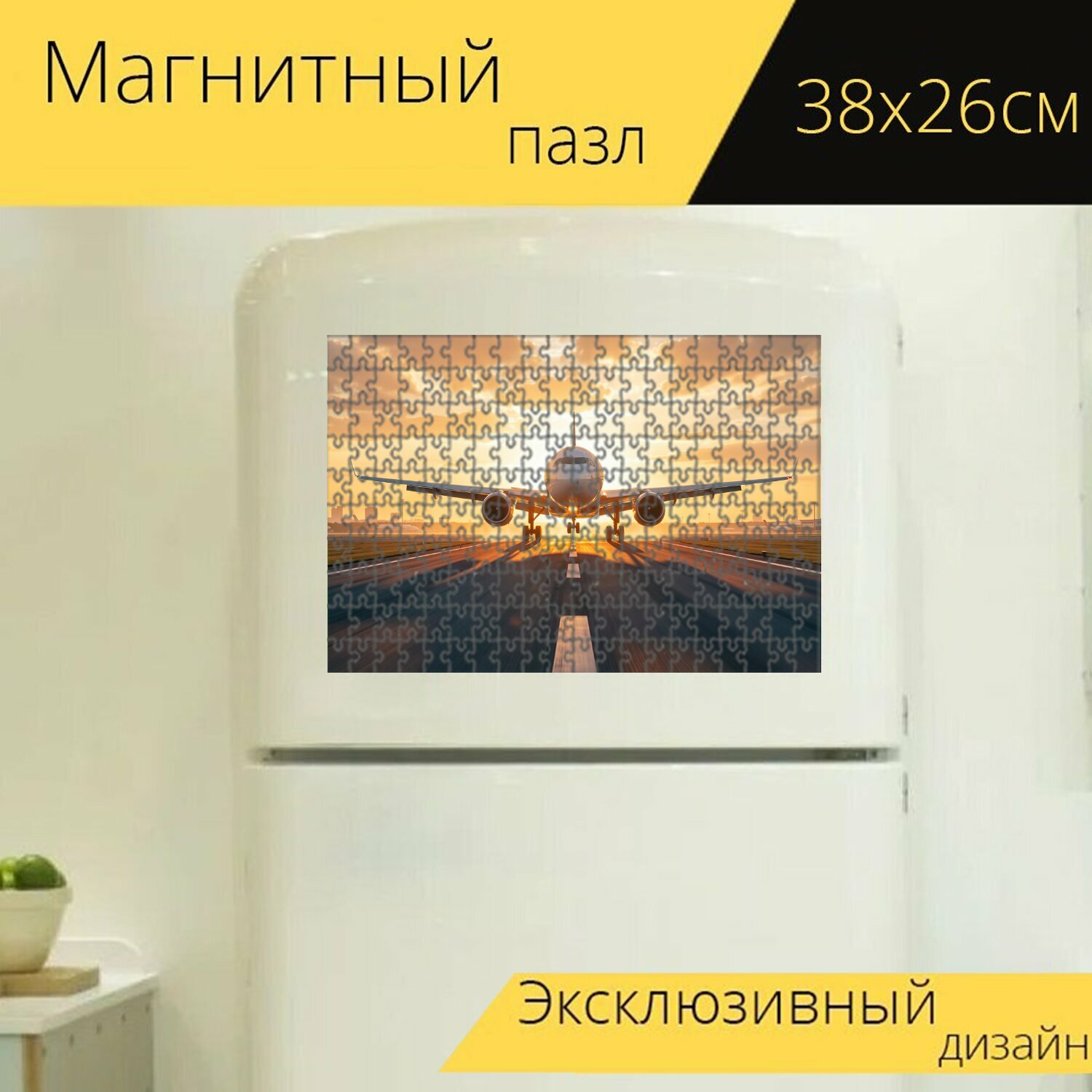 Магнитный пазл "Самолет на взлетной полосе. Пассажирский лайнер на полосе аэропорта в лучах закатного солнца, динамичный ракурс, мягкие облака." для интерьера, 38х26 см.