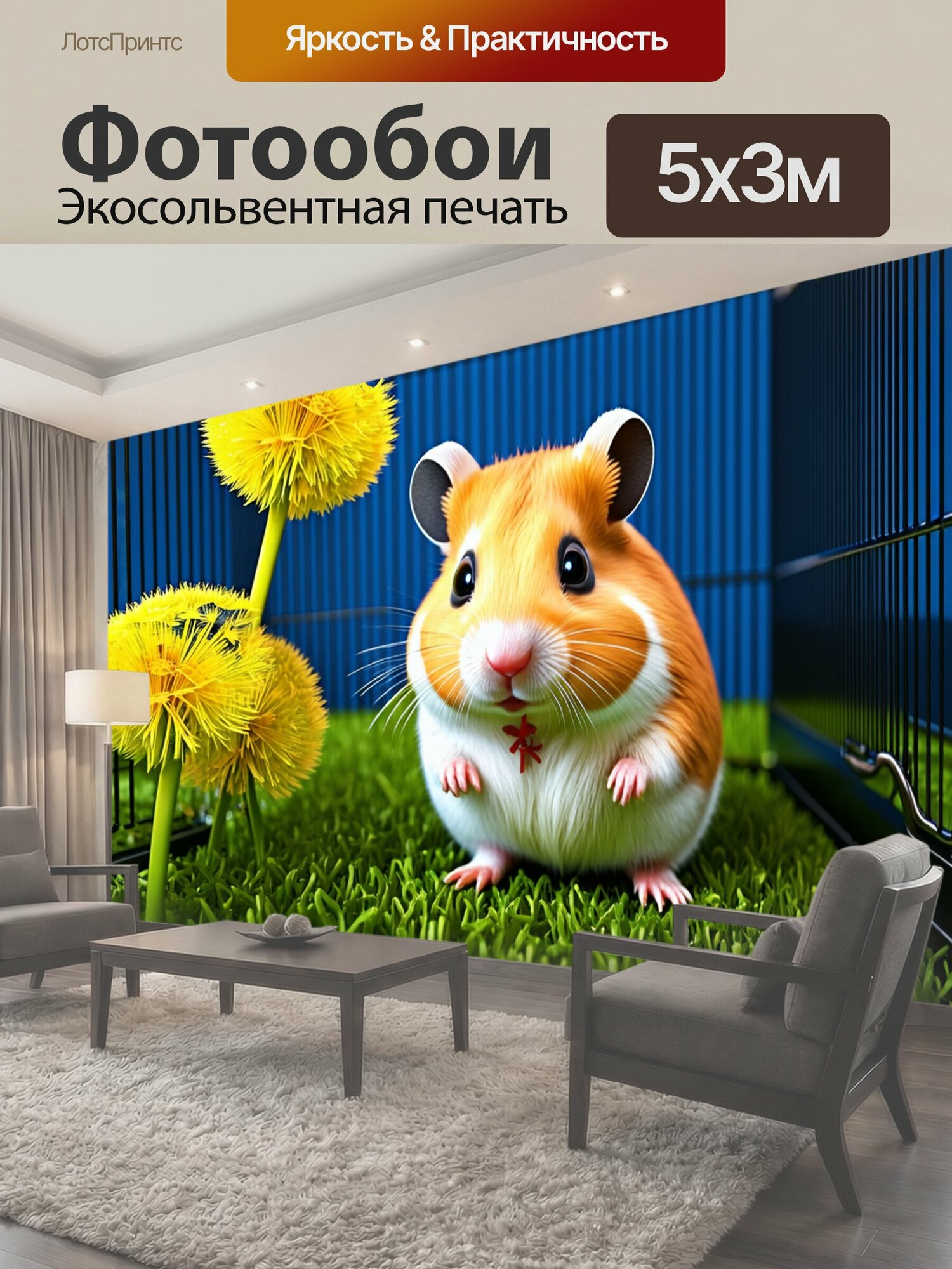 Фотообои "Хомячок, играющий с пушистыми одуванчиками в клетке, изображенный в технике 3d-моделирования. яркие и объемные детали делают." 500x300 см. экосольвентная печать