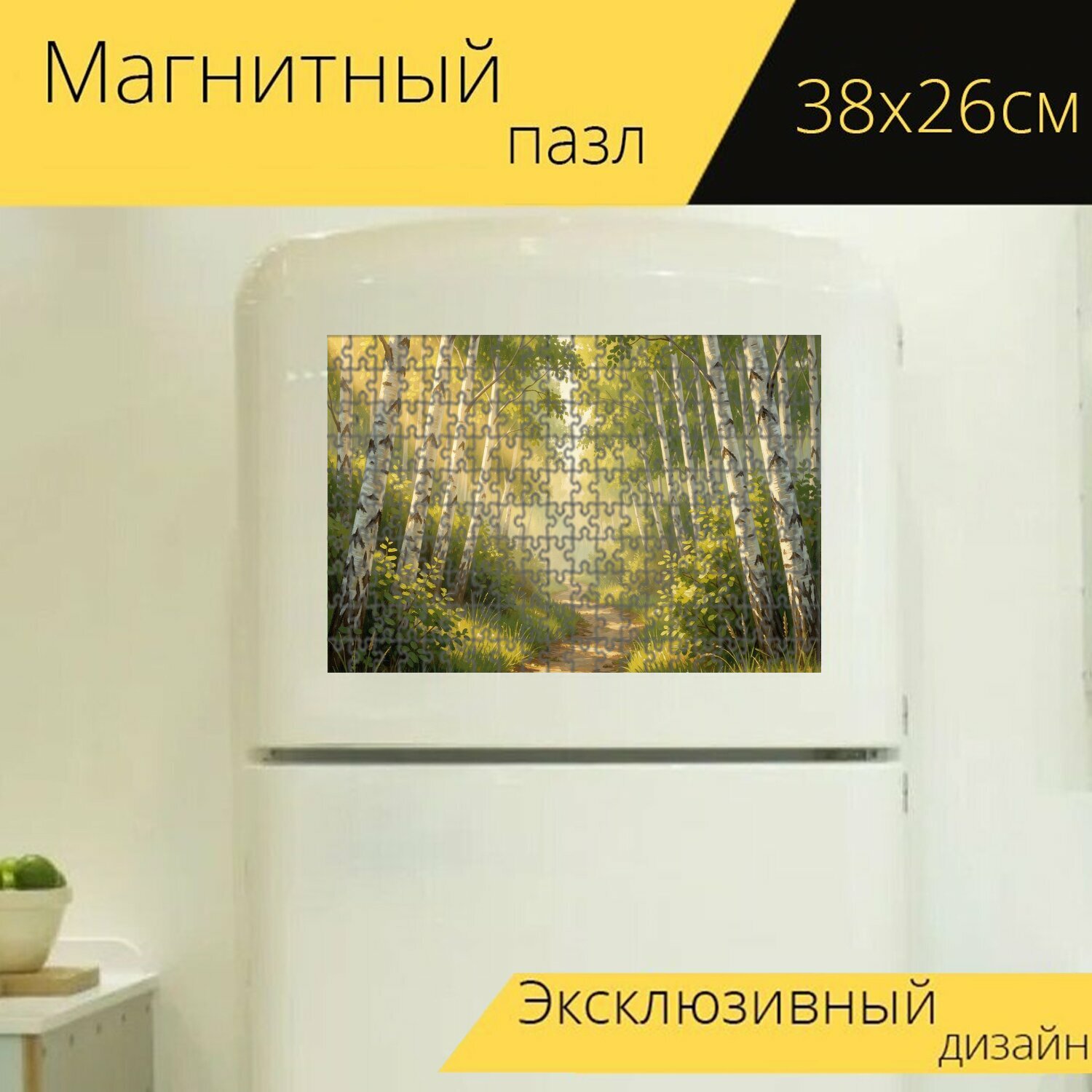 Магнитный пазл "Березовая тропа в солнечном лесу. Живописная лесная аллея с белоствольными деревьями, мягкими лучами света и зелёной листвой. Тёплая летняя." для интерьера, 38х26 см.