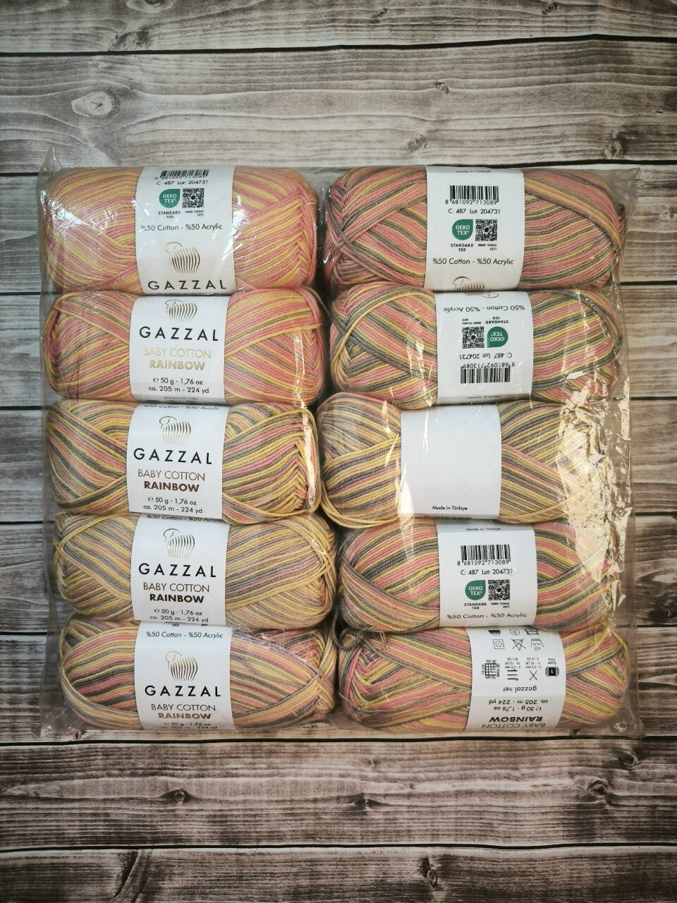 Пряжа Gazzal Baby Cotton Rainbow, цвет 487, набор 10 мотков, вес мотка 50 гр, длина нити 205 м (Газзал беби катон рейнбоу)