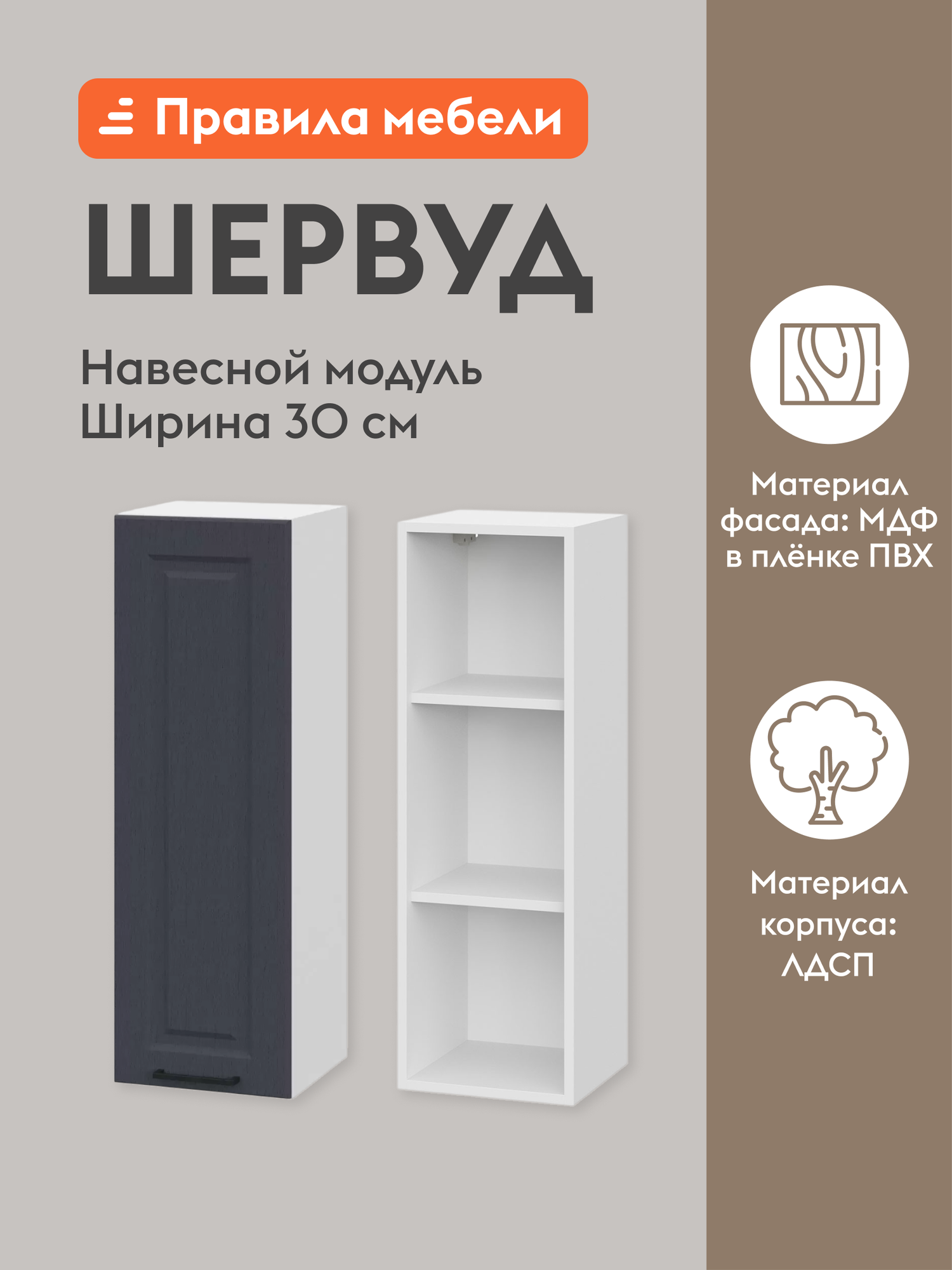 Кухонный модуль навесной, шкаф Шервуд с доводчиками, с полками, 30х29.6х91 см, Белый / Шато индиго