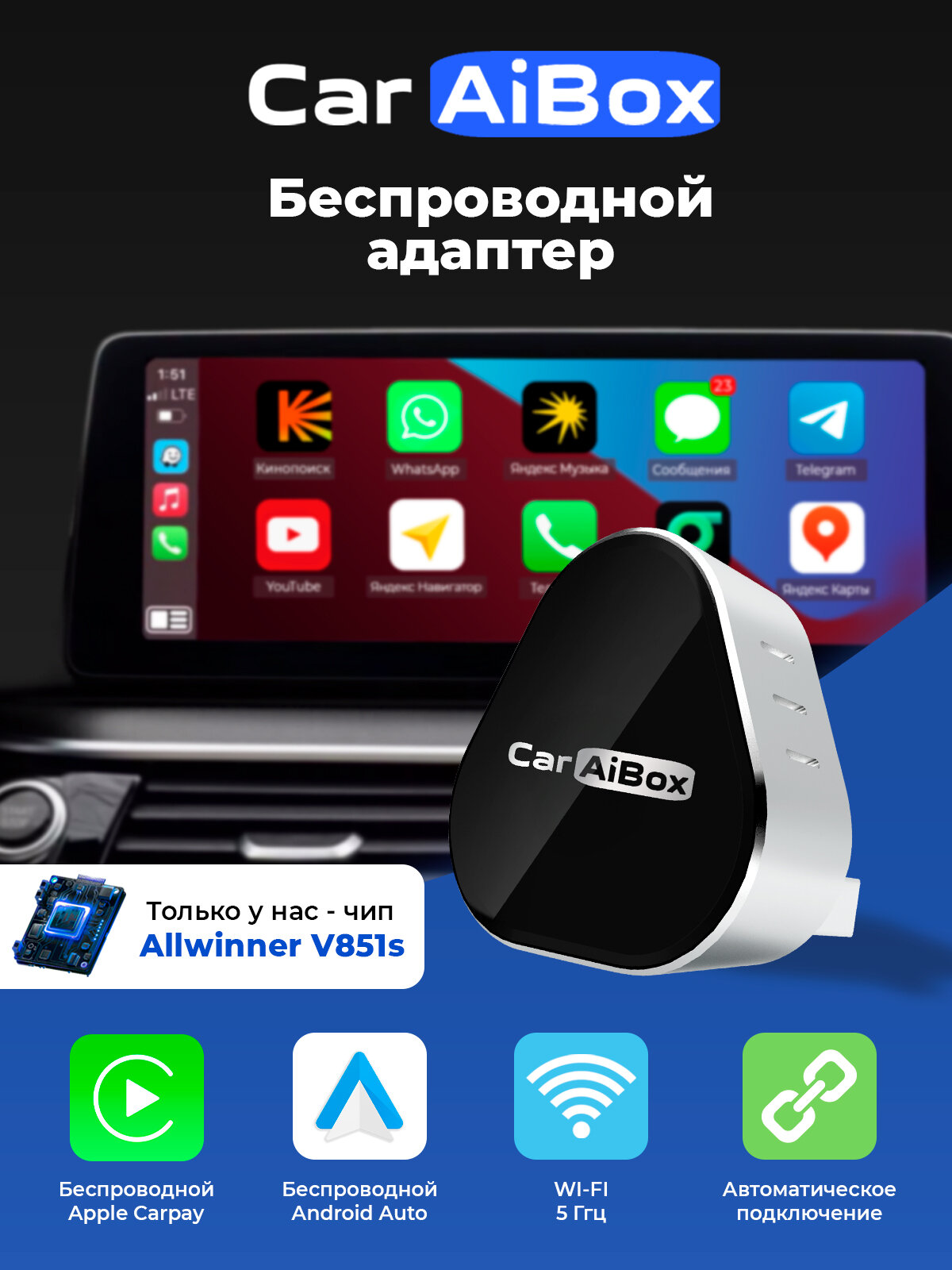 Адаптер для Автомобиля CarlinKit CarAiBox EC01-SJX для CarPlay Android Auto беспроводной 2 в 1