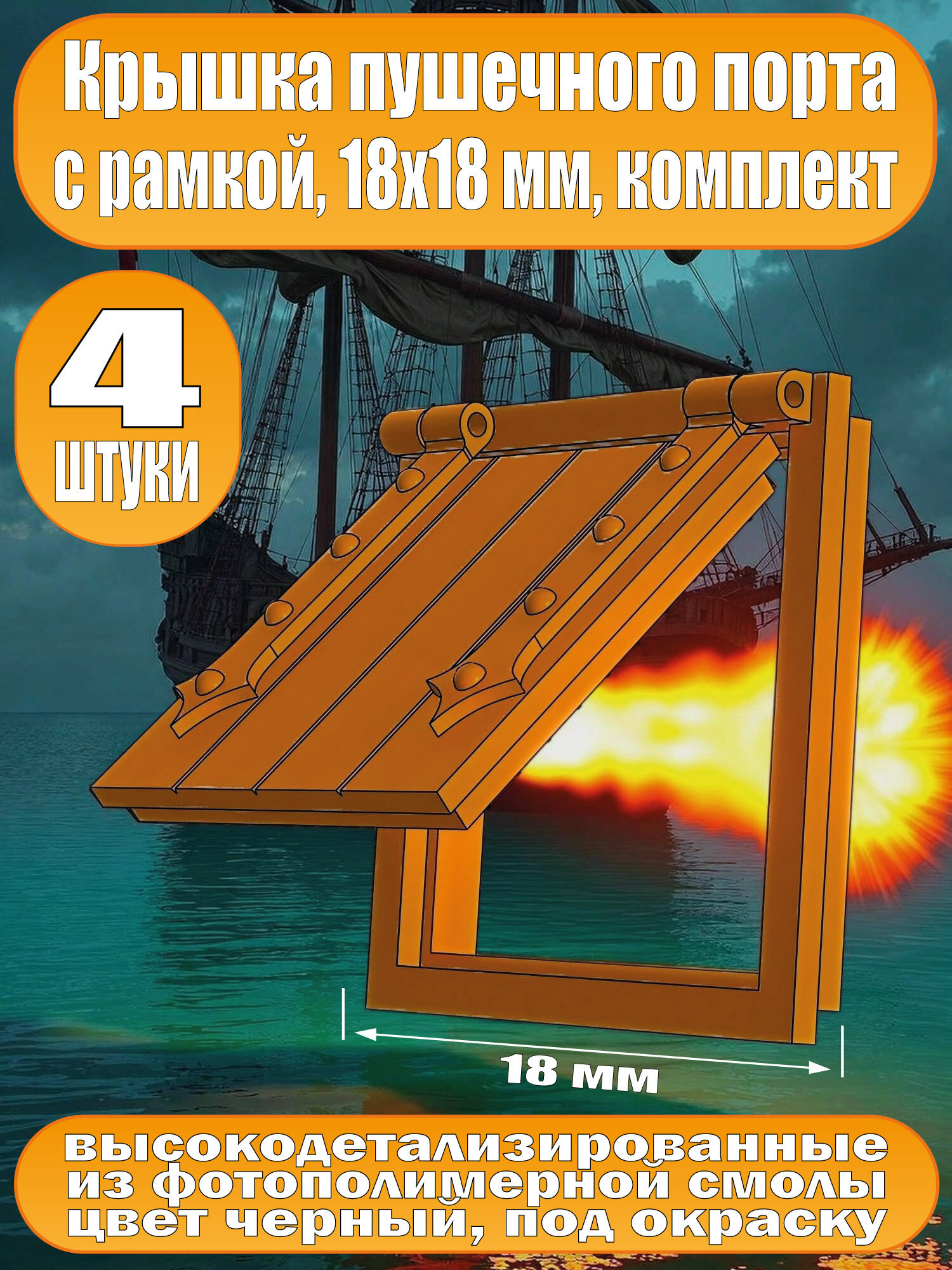 Крышка пушечного порта с рамкой, фотополимер, 18 мм, 4 шт