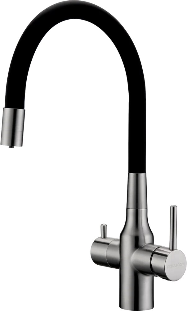 Смеситель для кухни Paulmark Salix Sa213419-BS с гибким изливом, с краном для питьевой воды, с поворотным изливом, матовый, однорычажный, латунный, с керамическим картриджем