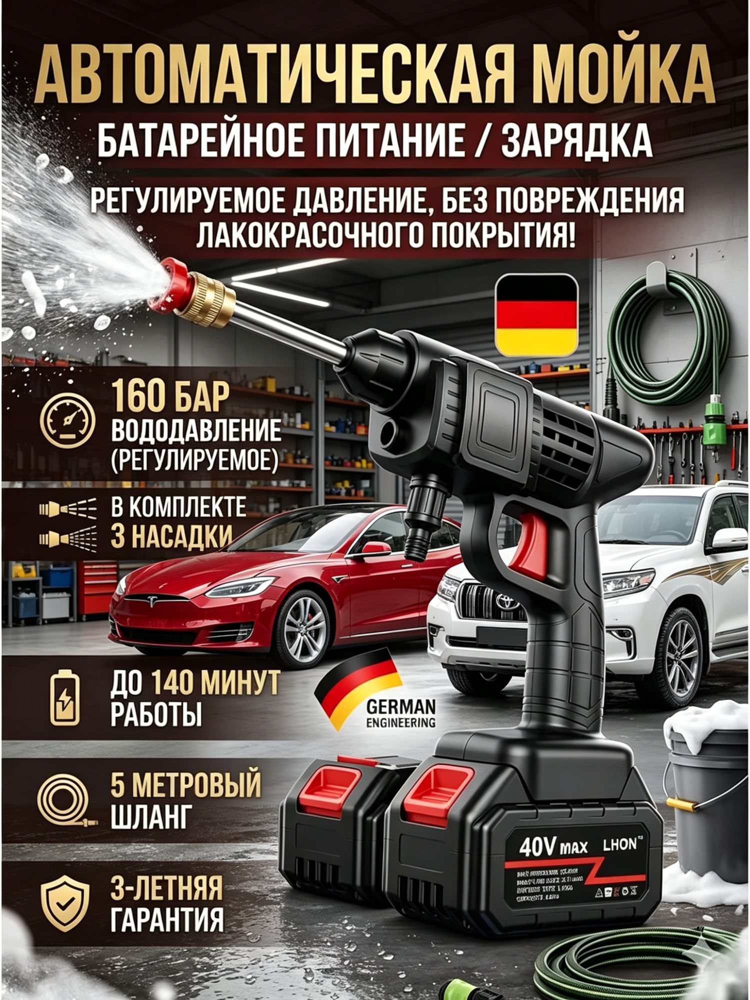 Мойка высокого давления HIOMEE, портативная, аккумуляторная, с фильтром, в кейсе