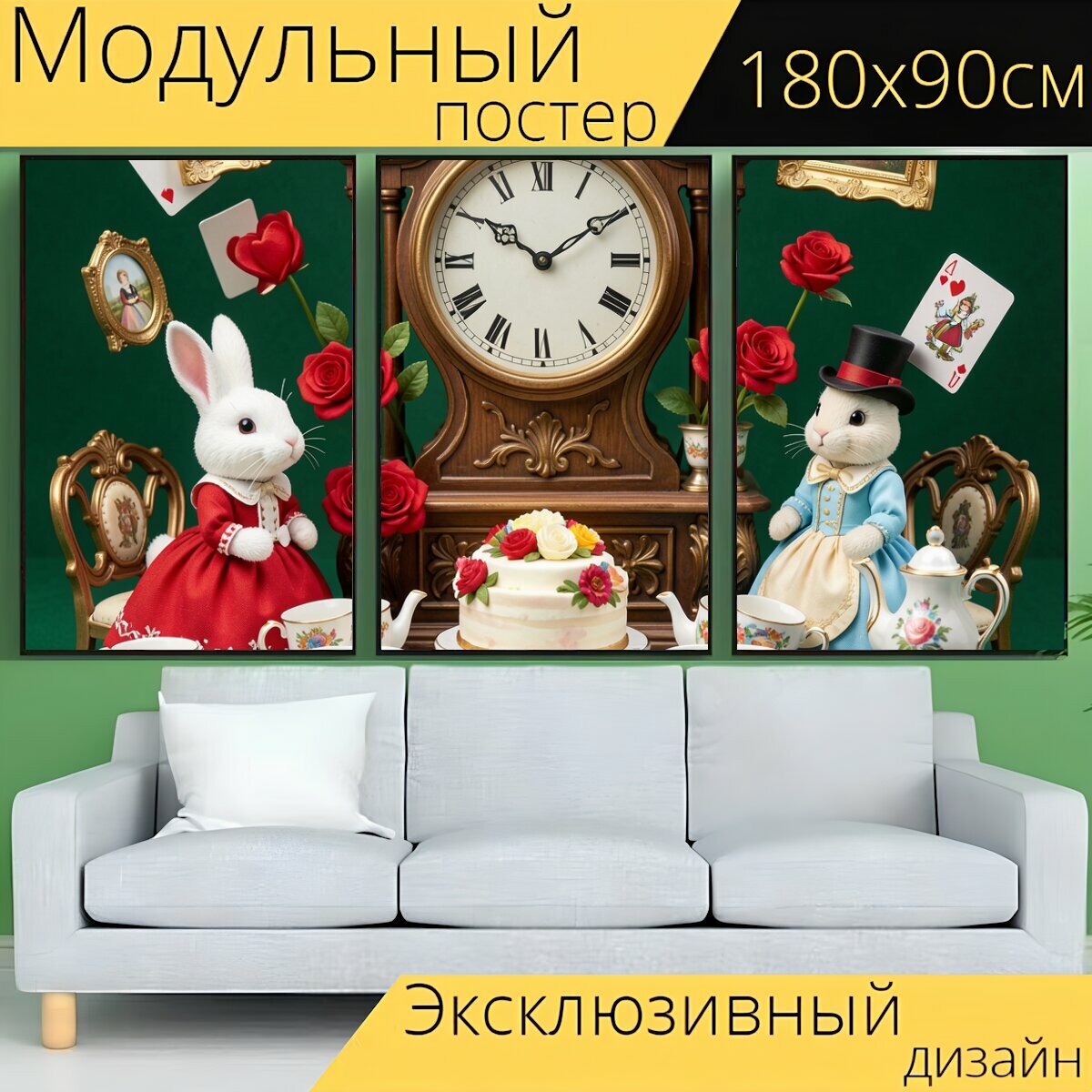 Модульный постер "Сказочное чаепитие с зайцами. Фантазийная сцена с белыми ушастыми персонажами, винтажными часами, игральными." 180 x 90 см. для интерьера на стену в тубусе