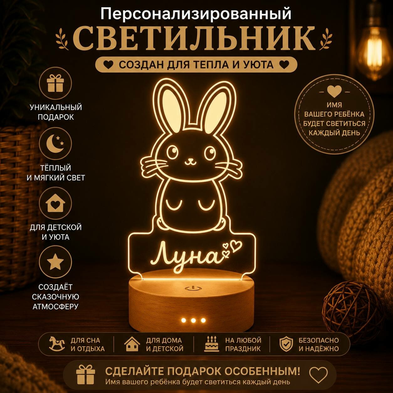 Детский 3D светильник с именем подарок ребенку кролик