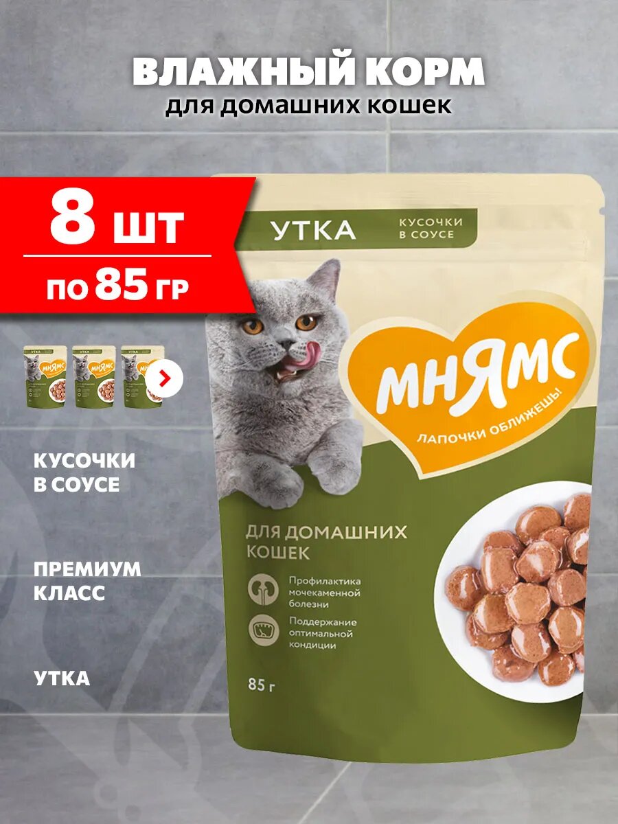 Корм влажный Мнямс для взрослых кошек живущих дома, утка в соусе, 85 г х 8 шт