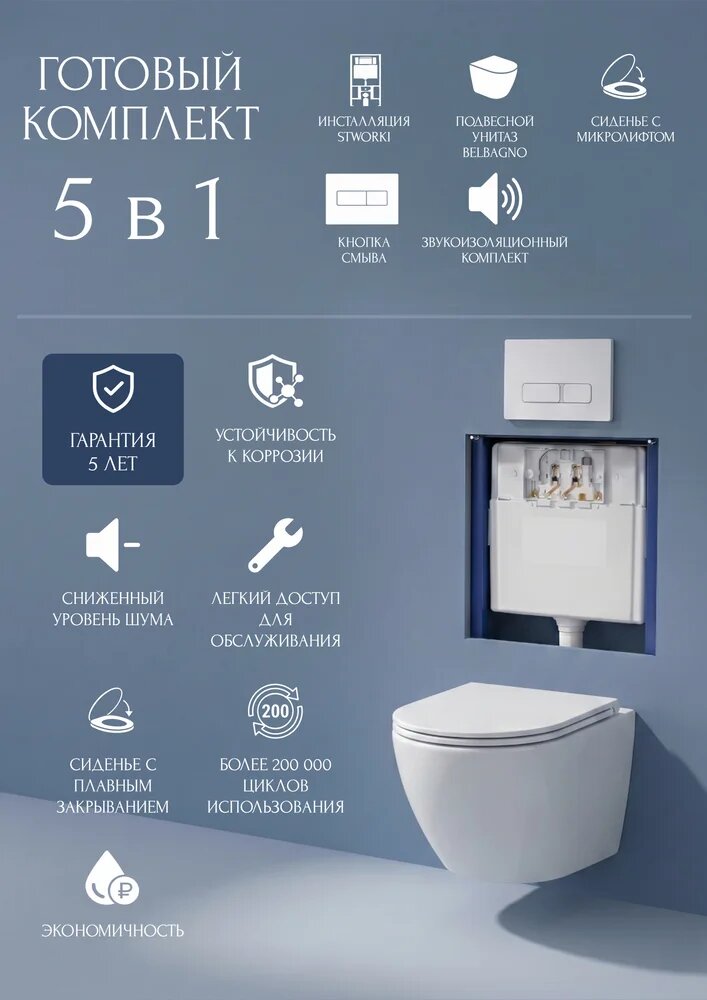 Комплект 5 в 1 Унитаз подвесной BelBagno Uno BB3105CHR/SC / Инсталляция с кнопкой STWORKI Кронборг S28500WH / Крышка-сиденье, Комплект шумоизоляции