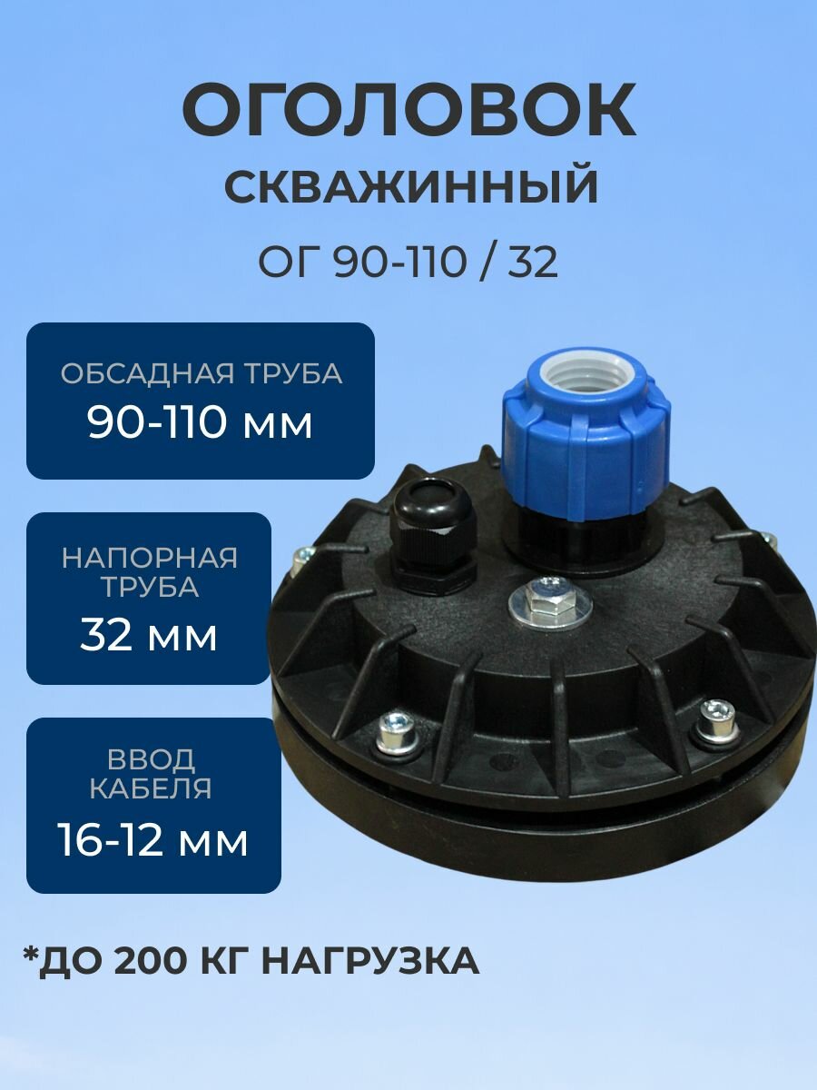 Оголовок скважинный герметичный ОГ 90-110/32 пластиковый, оголовок для скважины на обсадную трубу с креплением троса