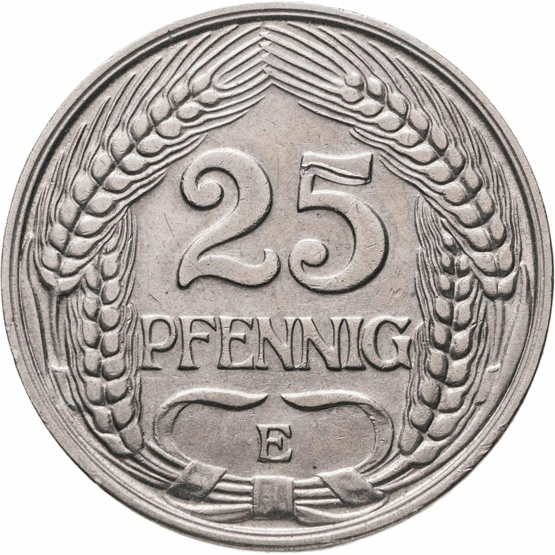 Германия 25 пфеннигов pfennig 1910, знак монетного двора: "E" - Мульденхюттен, Никель, в сохранности XF