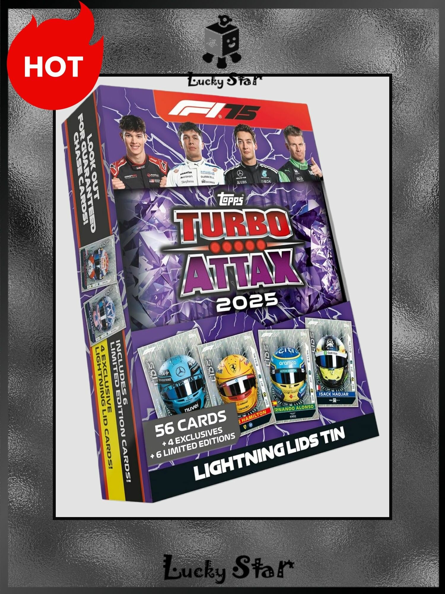 Карточка, Topps Turbo Attax Formula 1 2025 - Random Mega Tin - Contains 66 Cards Including 6 LE's and 4 Exclusive Cards! Big iron box