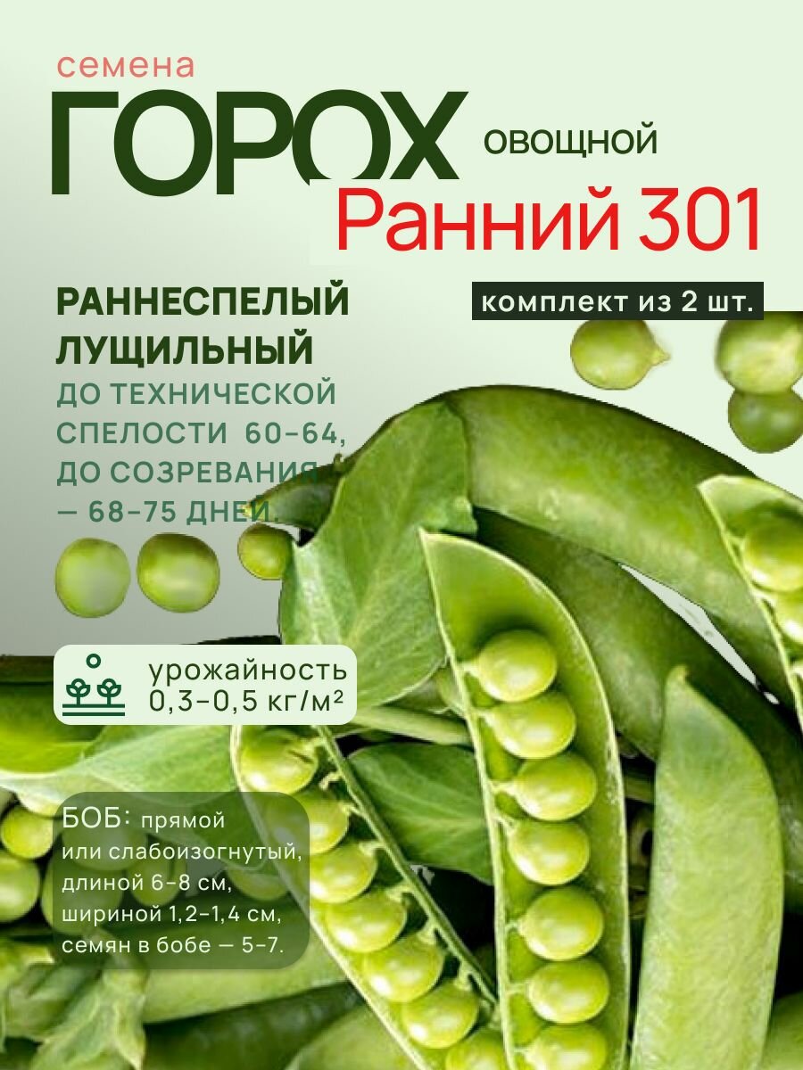 Семена гороха аэлита "Ранний 301", однолетние, раннеспелые, овощные, 2 упаковки