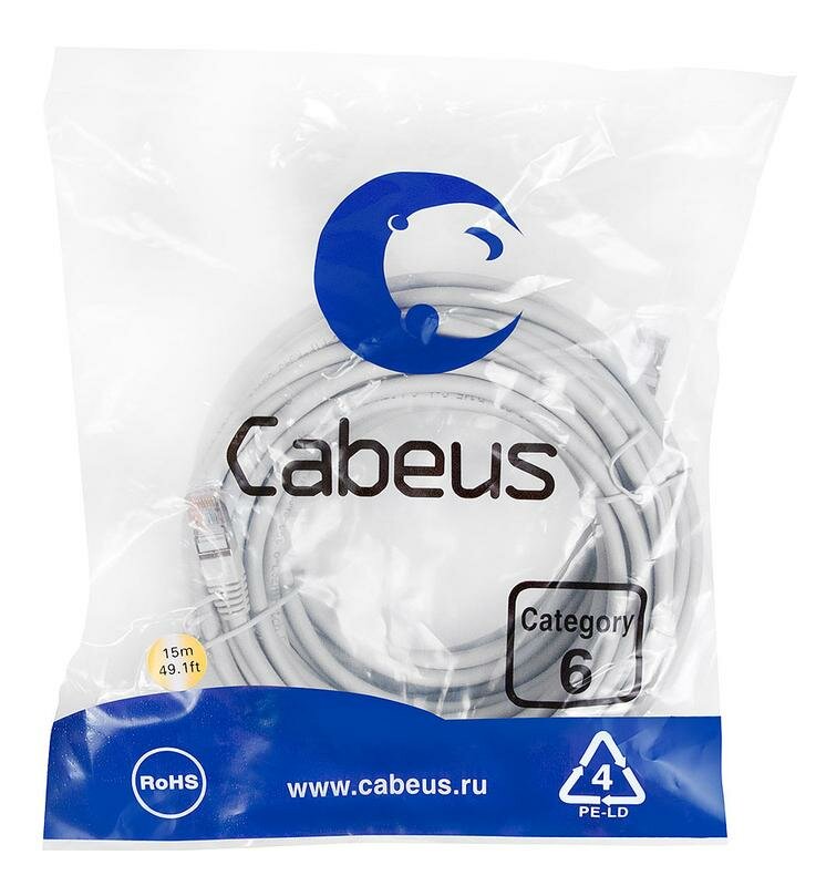 Патч-корд F/UTP кат.6 PC-FTP-RJ45-Cat.6-15m-LSZH 2хRJ45/8p8c экранир. LSZH 15м сер. Cabeus 7914c