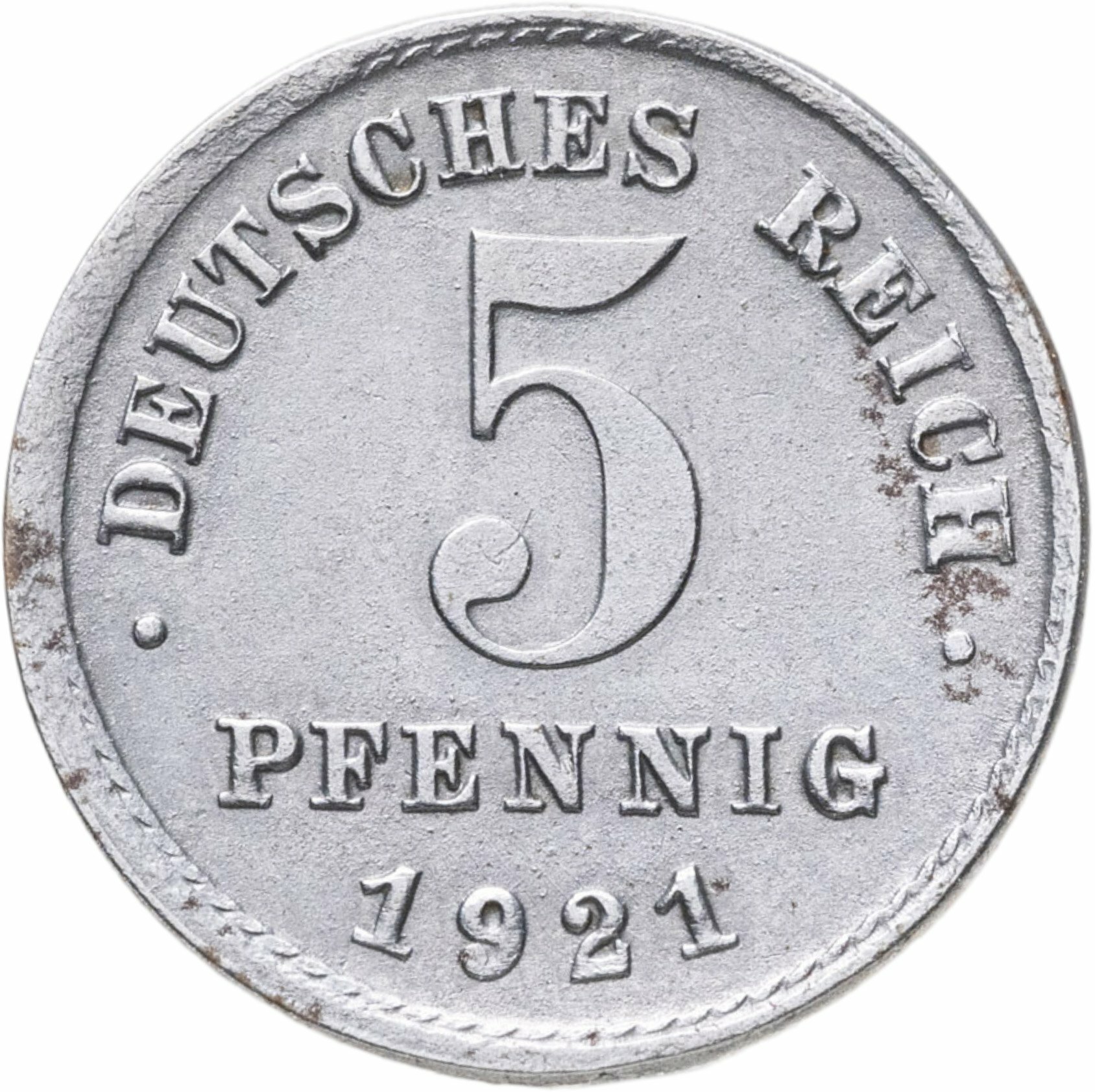 Германия Веймарская республика 5 пфеннигов pfennig 1921 J, Цинк, в сохранности XF